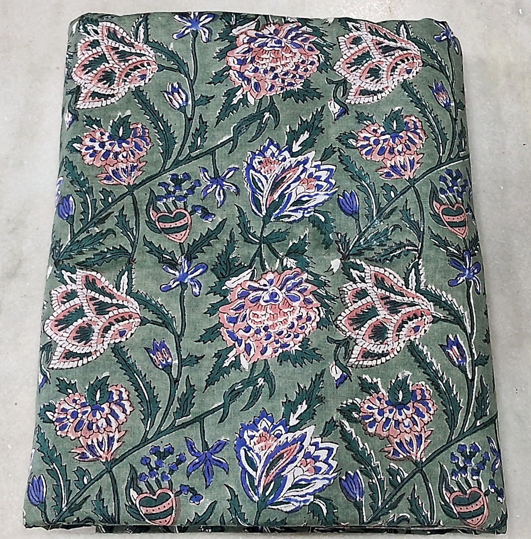 Green Blue Block Print Fabric,floral Print,by the Yard,dressmaking ...