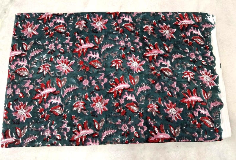 Tela india con estampado de bloques verde y rosa, cortada a medida ...
