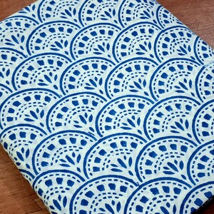 White Blue Block Print Fabric,floral Print,by the Yard,dressmaking ...