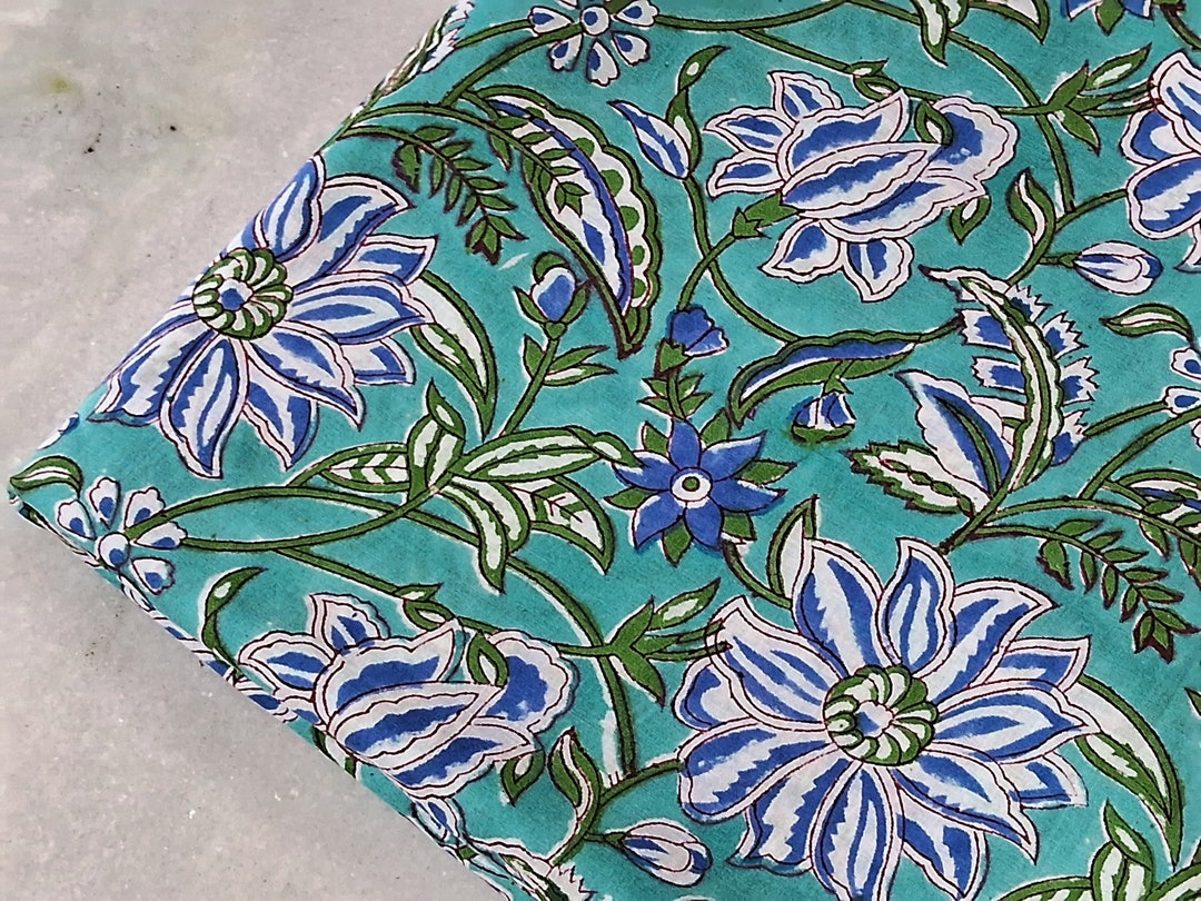 Green Blue Block Print Fabricfloral Print Fabricby the Yard - Etsy