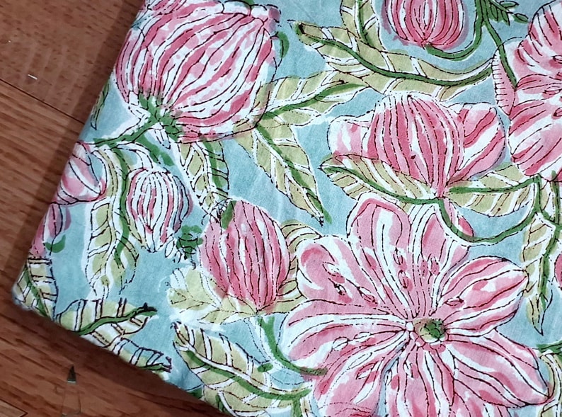 Green Pink Block Print by the Yard Indian Floral Fabric for Sewing ...