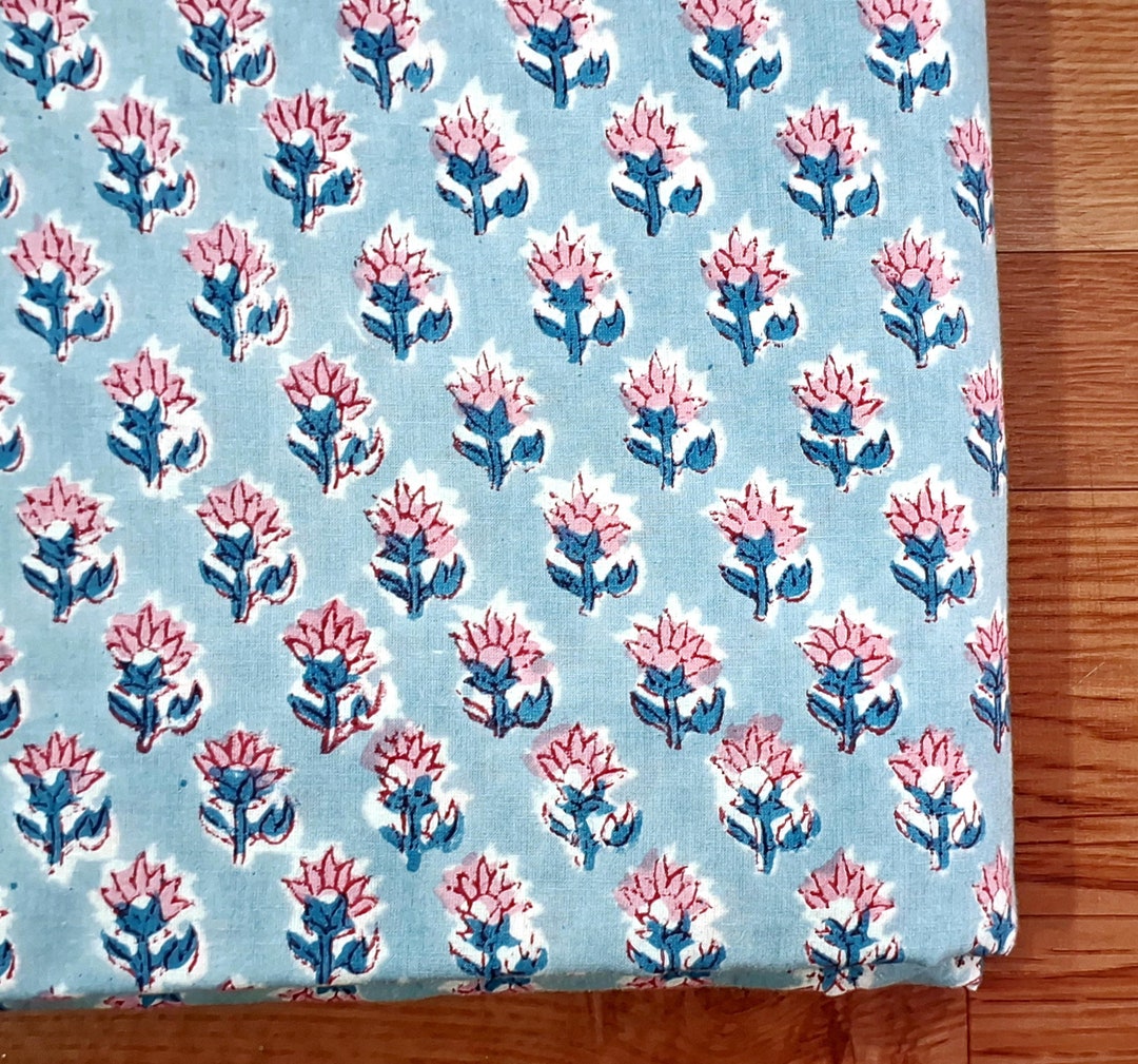 Blue Pink Block Print Fabric,by the Yard Floral Indian Fabric,fabric ...