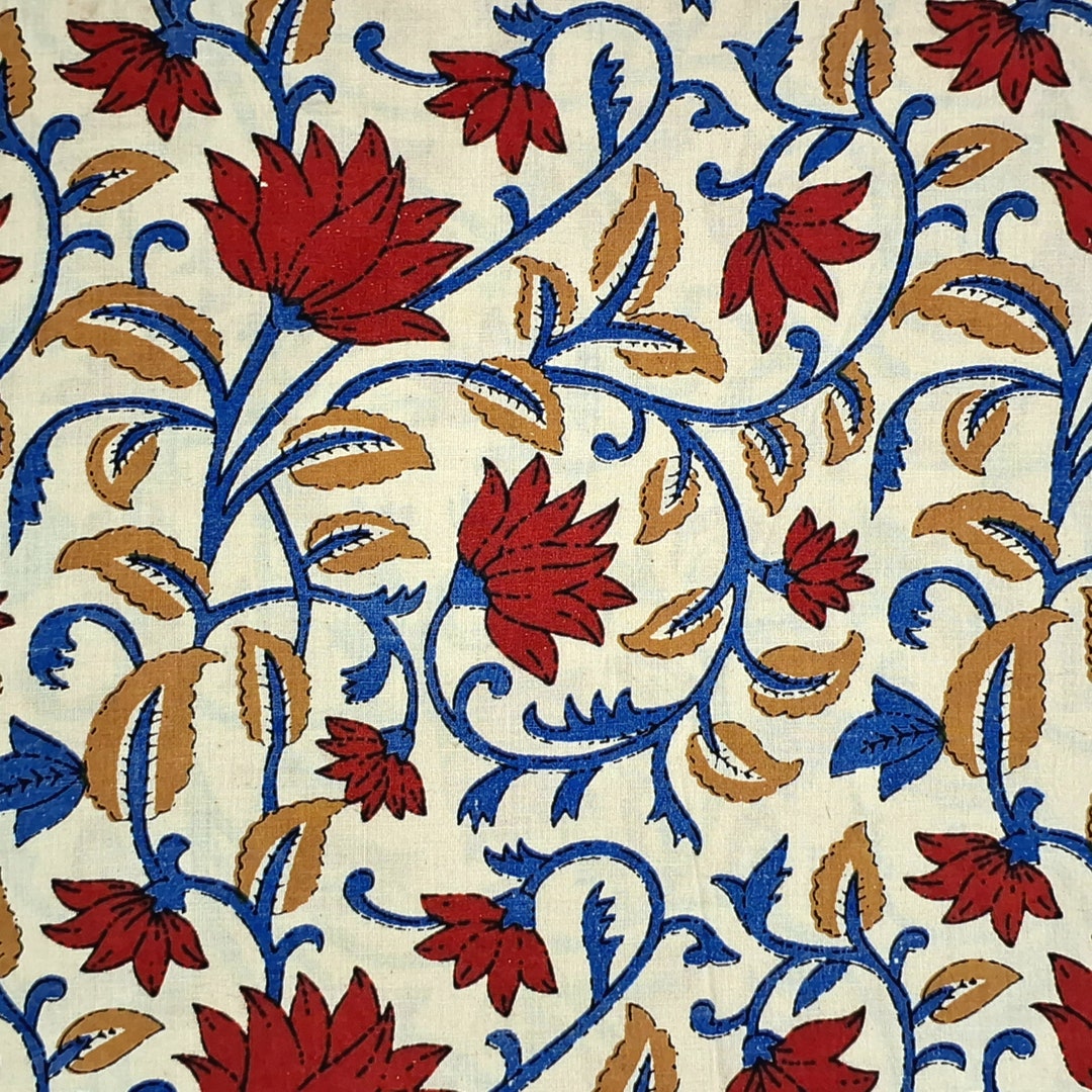 Beige Red Multicolor Block Print Fabric,floral Print,by the Yard Fabric ...