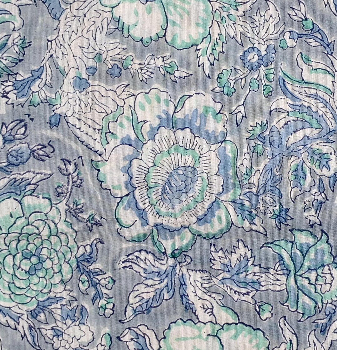 2.5 Yards Light Blue Block Print Fabric,floral Indian Fabric ...