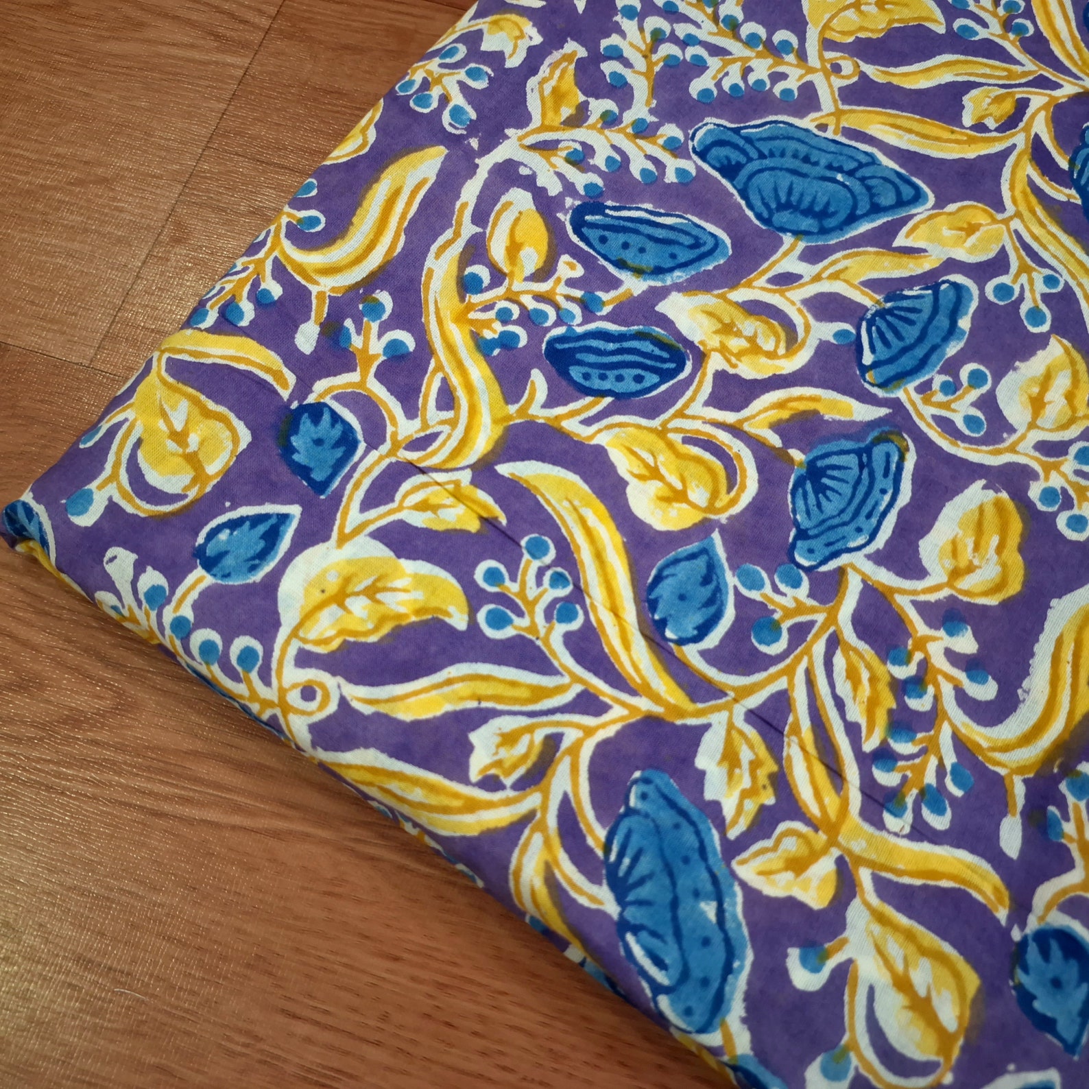 Blue Yellow Block Print Fabric,floral Print,by the Yard,dressmaking ...