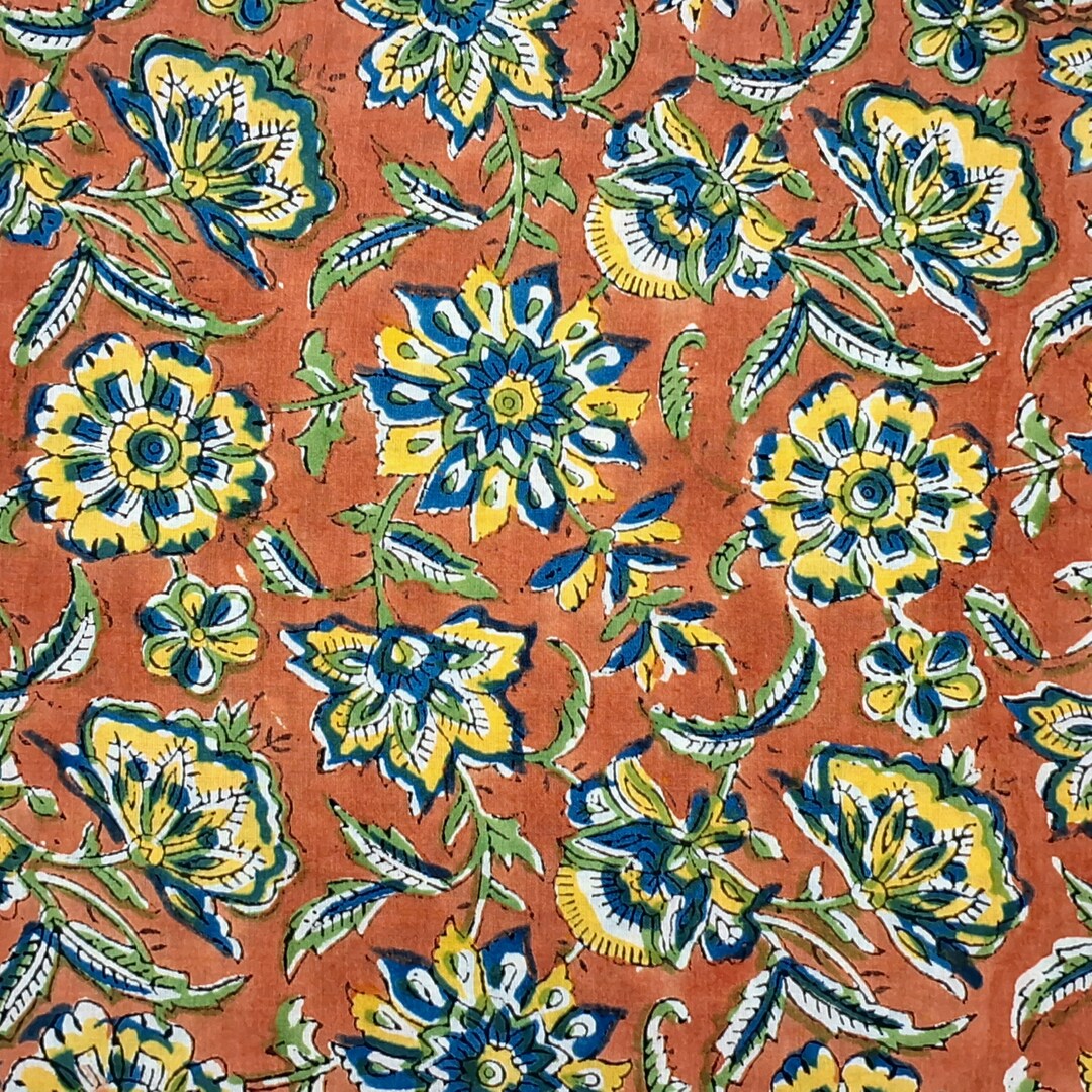 Orange Blue Block Print Fabric,floral Print Fabric,by the Yard Fabric ...