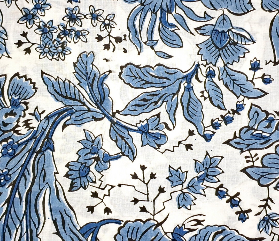 White Blue Block Print Fabric,by the Yard Floral Indian Fabric ...