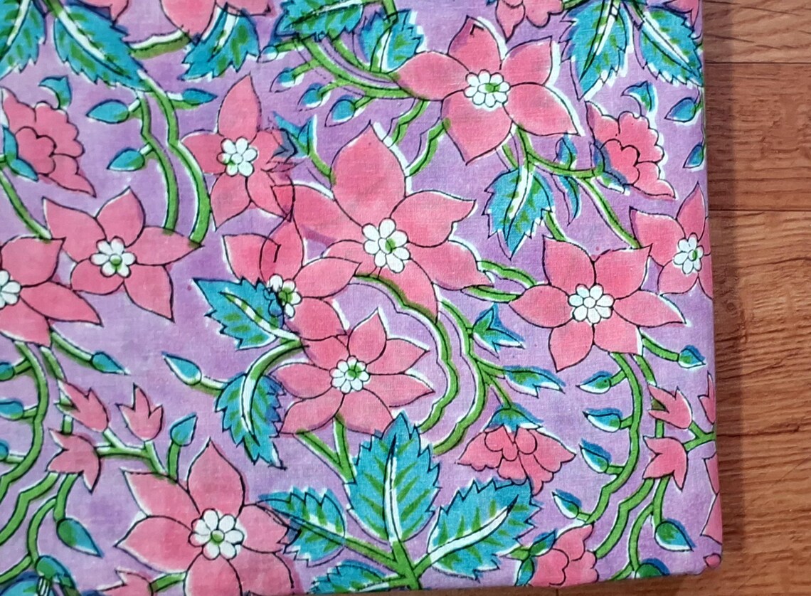 Purple Pink Floral Cotton Block Print Fabric for Sewing Dressmaking ...