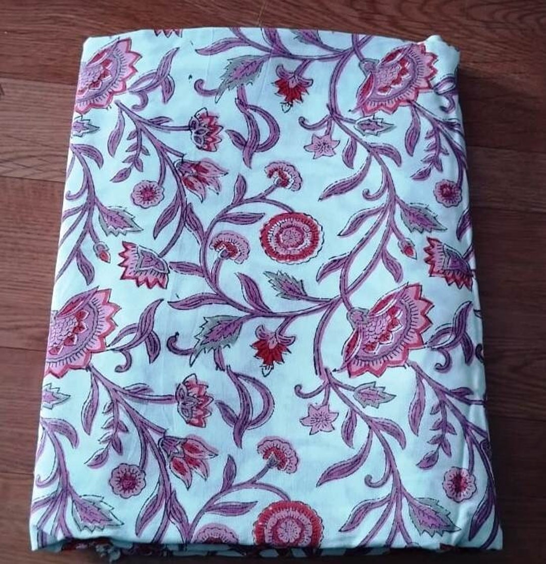 White Pink Indian Rayon Block Print Fabric,floral Print Fabric,by the ...