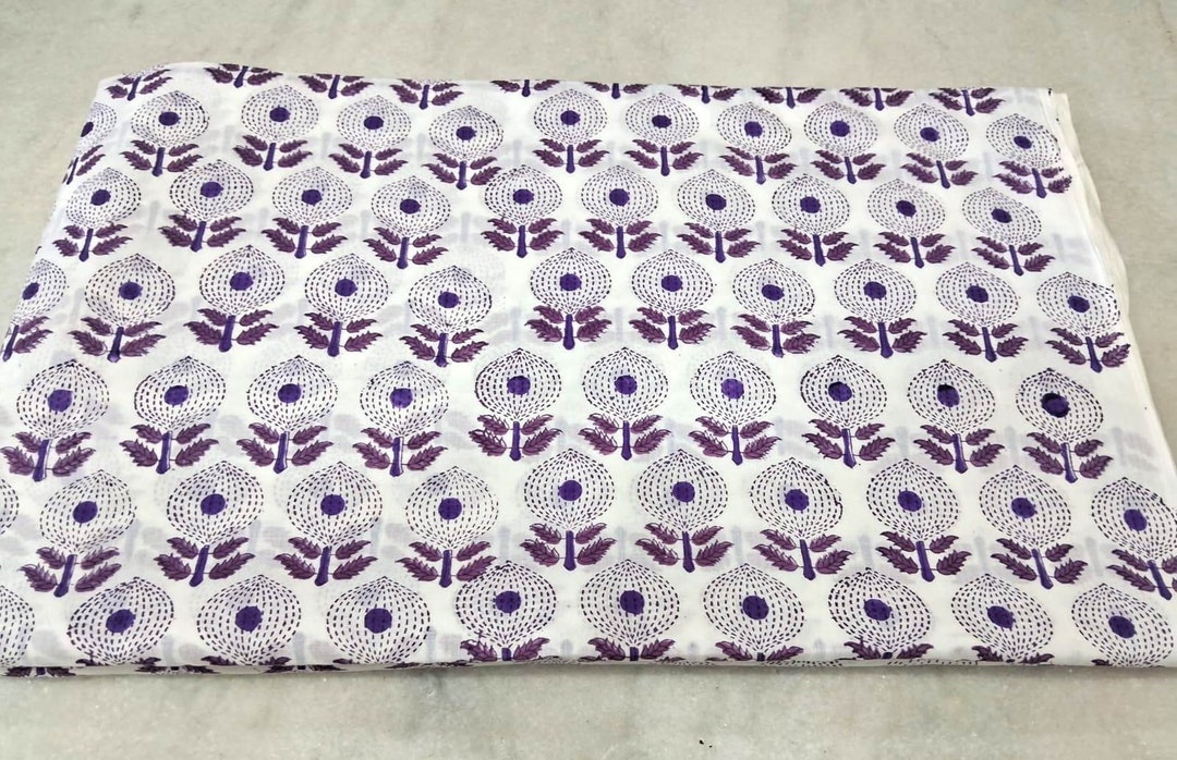 White Blue Block Print Fabric,floral Print Fabric,by the Yard Fabric ...