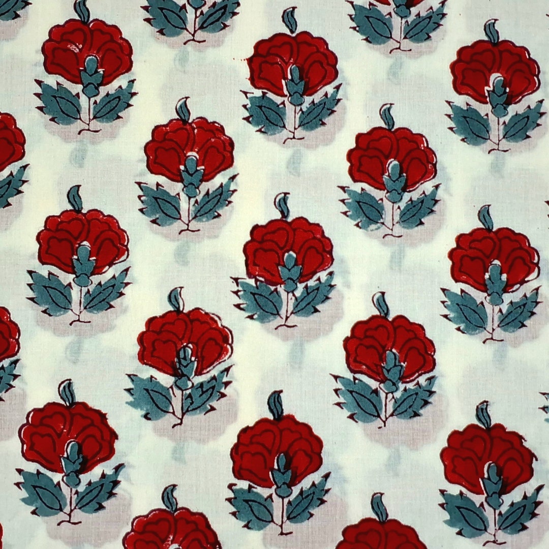 Off White Red Indian Block Print Fabric,floral Print Fabric,by the Yard ...