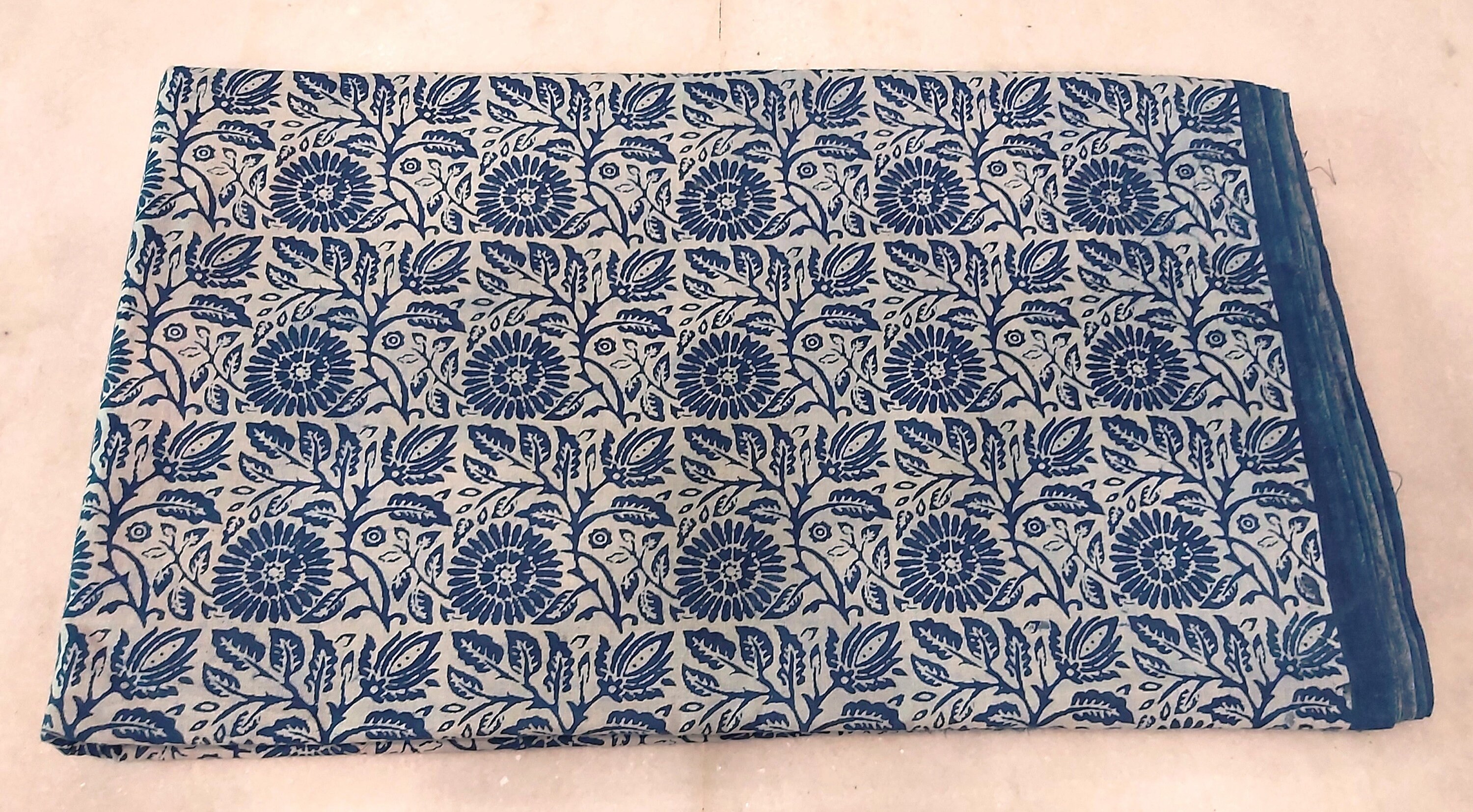 Indigo Blue Block Print Fabricfloral Print Fabricby the - Etsy