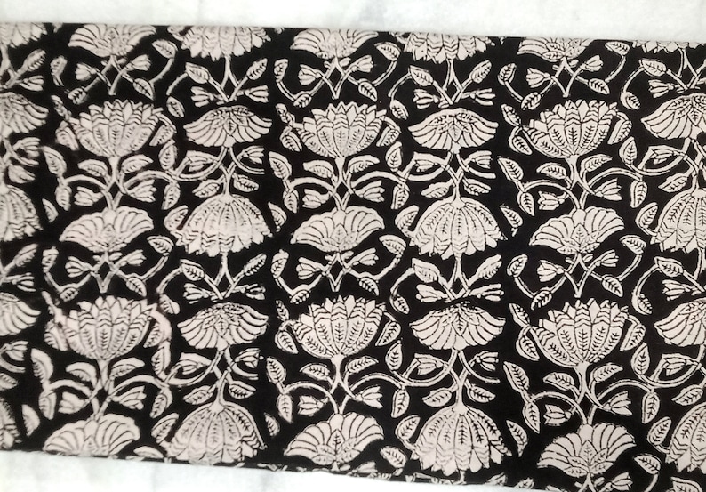 Black off White Block Print Fabricfloral Print Fabricby the - Etsy