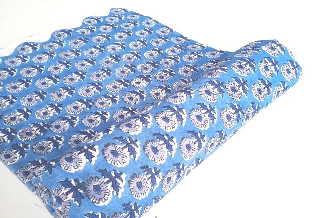 Blue Block Print Fabricfloral Print Fabricby the Yarddress - Etsy