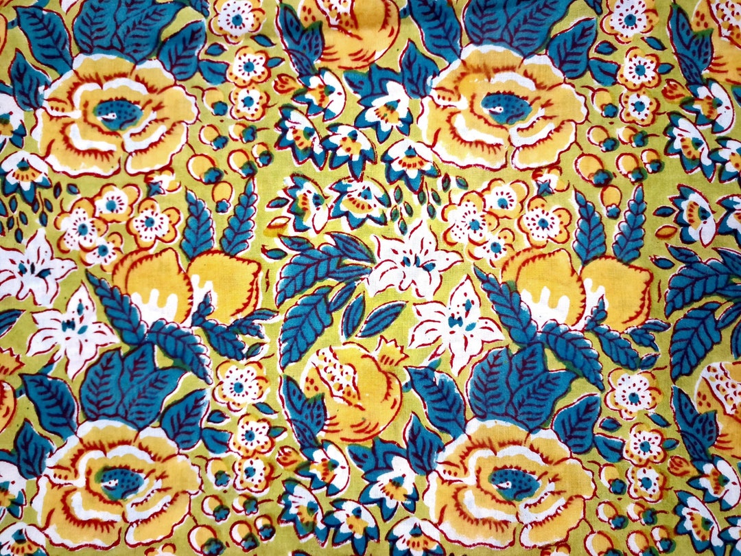 Yellow Green Block Print Fabric,by the Yard Floral Indian Fabric ...