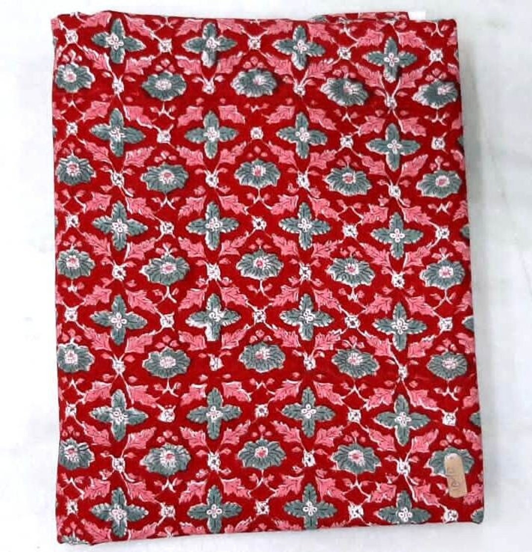 Red Block Print Fabric,floral Print Fabric,by the Yard,vegetable Dyed ...