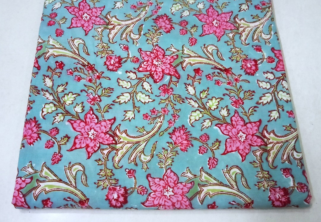 Turquoise Blue Floral Print Fabric,block Print Fabric,cotton Voile ...