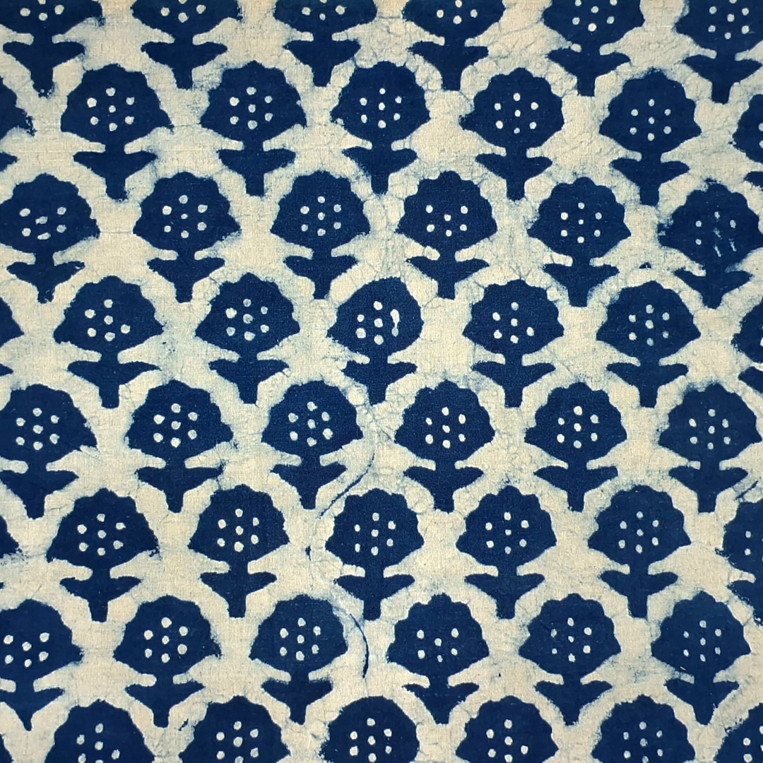 Indigo Blue Block Print Fabric,floral Print,by the Yard,dressmaking ...