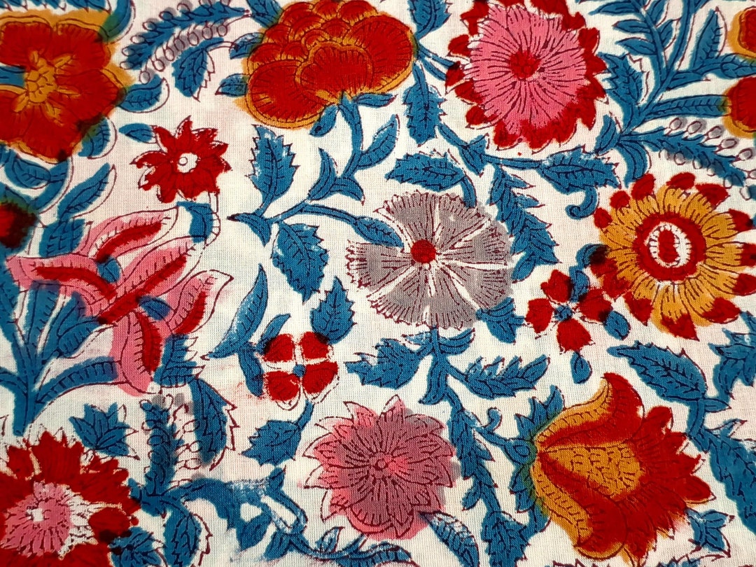 White Blue Red Block Print Fabric,floral Print Fabric,by the Yard ...