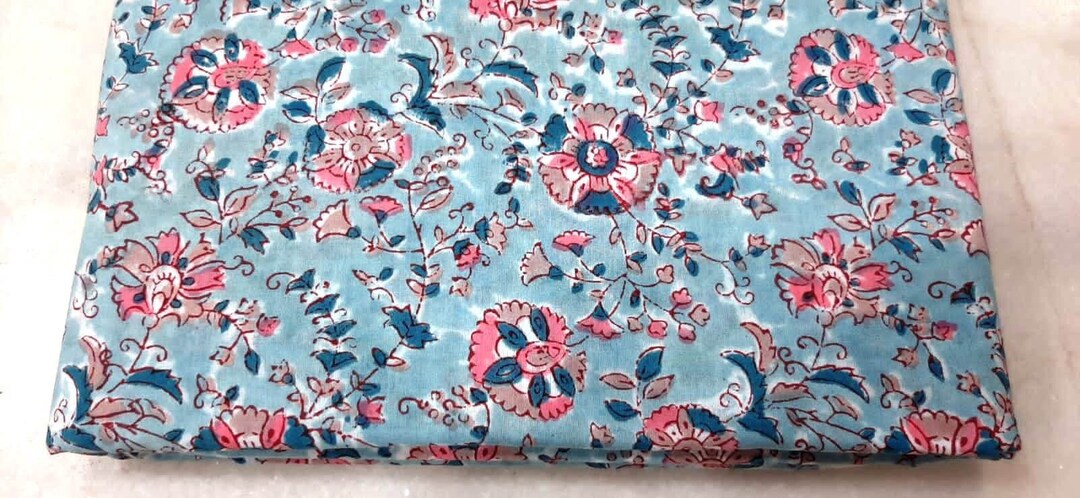 Blue Pink Indian Block Print Fabric,floral Print Fabric,by the Yard ...