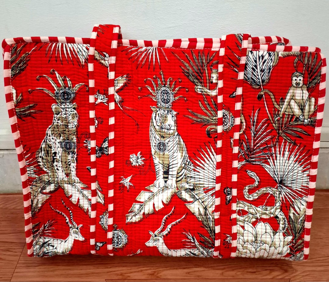 Red Quilted Tote Bag,animal Jungle Print Bag,shopping Bag,shouder Bag ...