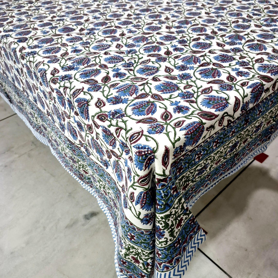 White Blue Block Print Tablecloth,floral Print Table Cover,block Print ...