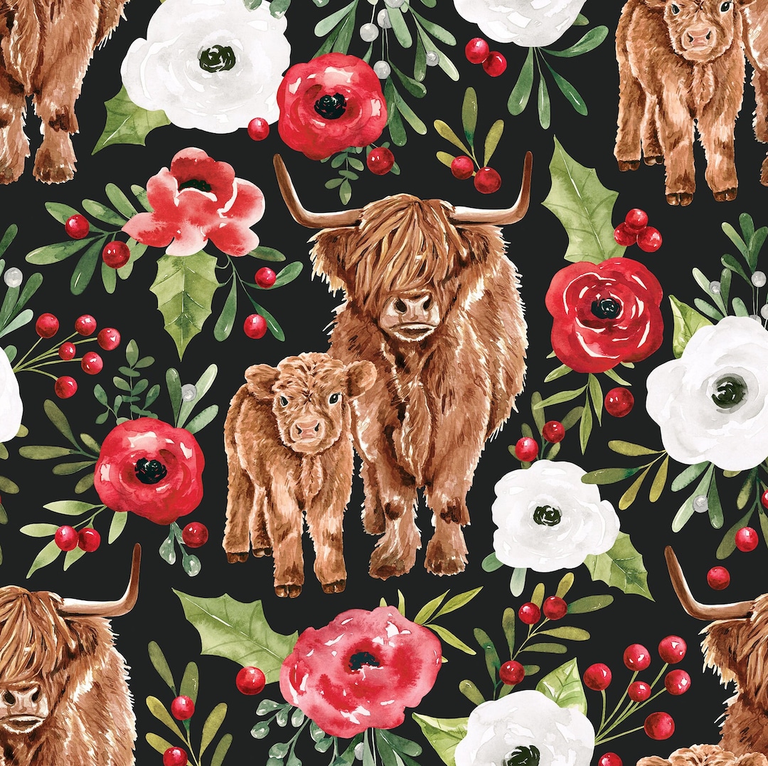 Black Christmas Highland Cow With Calf Fabric, Fabric by the Yard, Cate ...