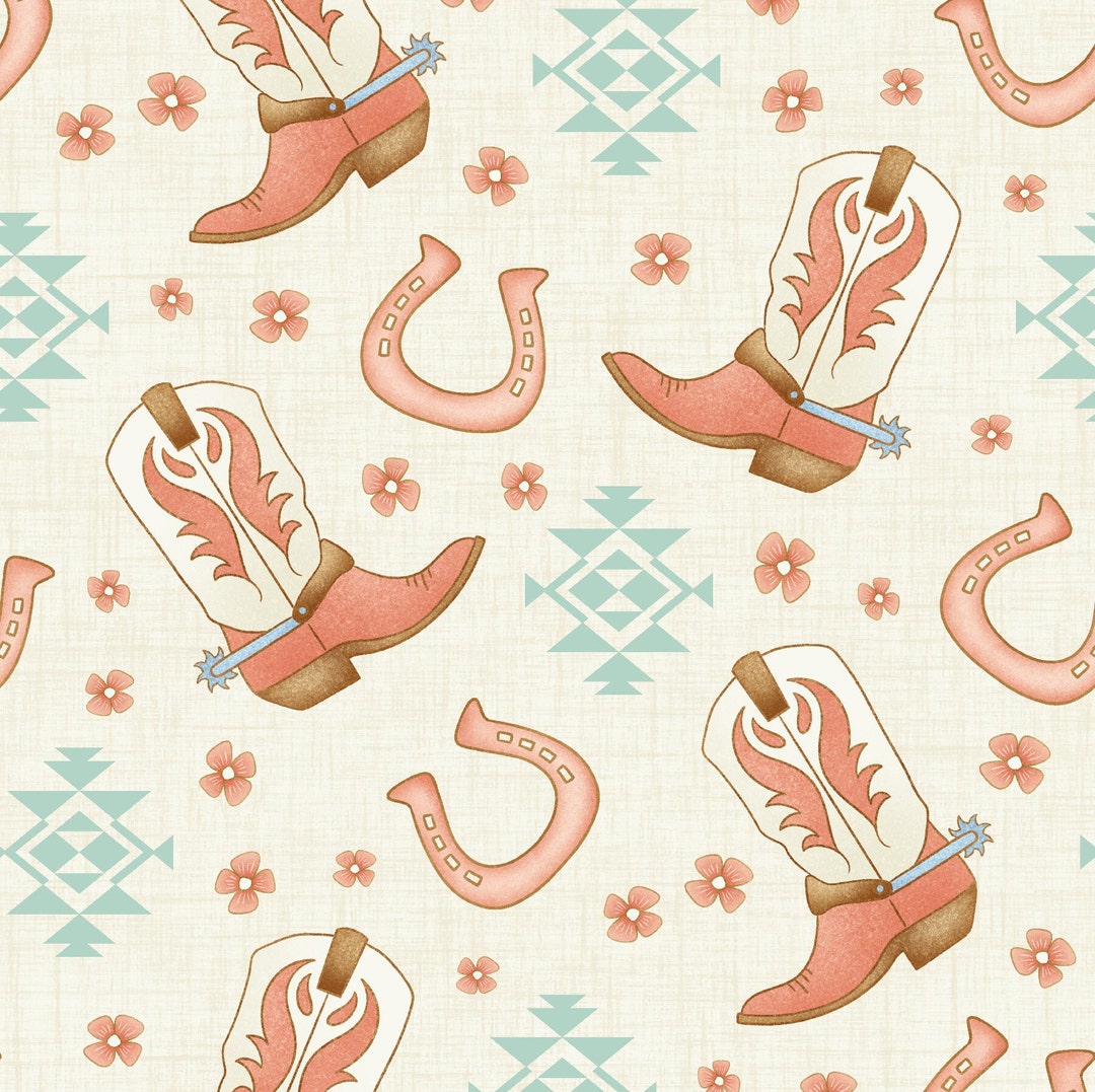 Pink Cowgirl Boot Horseshoe Fabric, Western Fabric Design, Fabric by ...