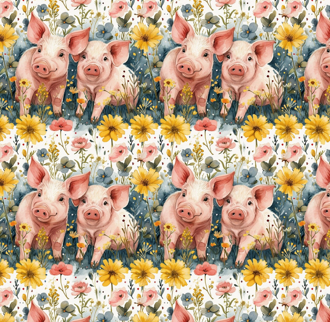 Floral Pig Fabric, Fabric by the Yard, Farm Animal Fabric, Tori Egeler ...