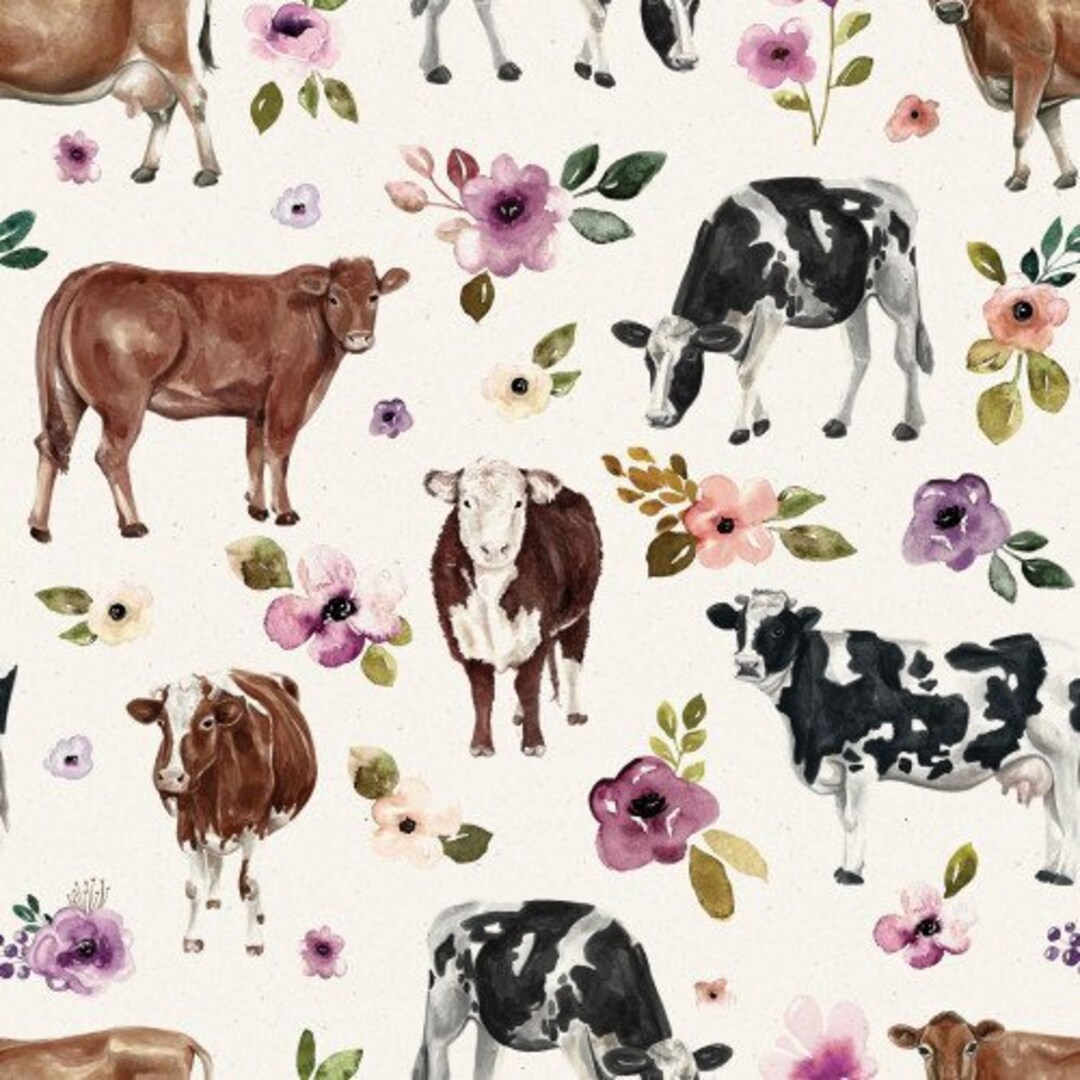 Cow Floral Fabric, Fabric by the Yard, Cate and Rainn, Autumn Amethyst ...