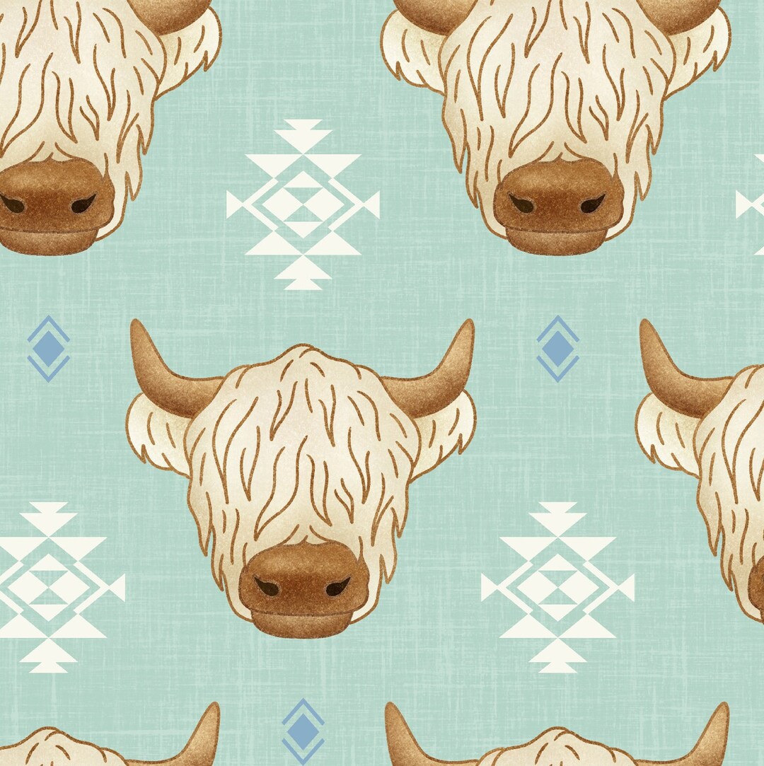 Mint Green Highland Cow Fabric, Fabric by the Yard, Farm Animal Fabric ...