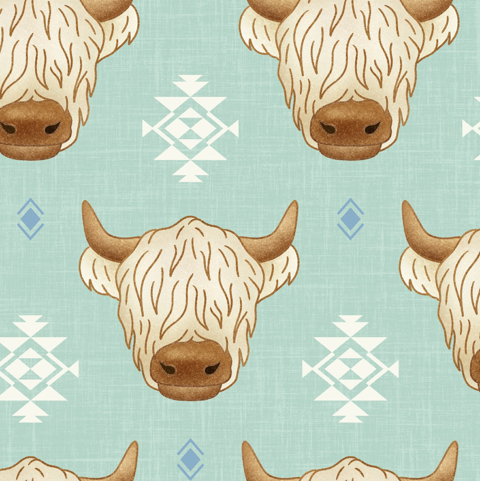 Mint Green Highland Cow Fabric, Fabric by the Yard, Farm Animal Fabric ...