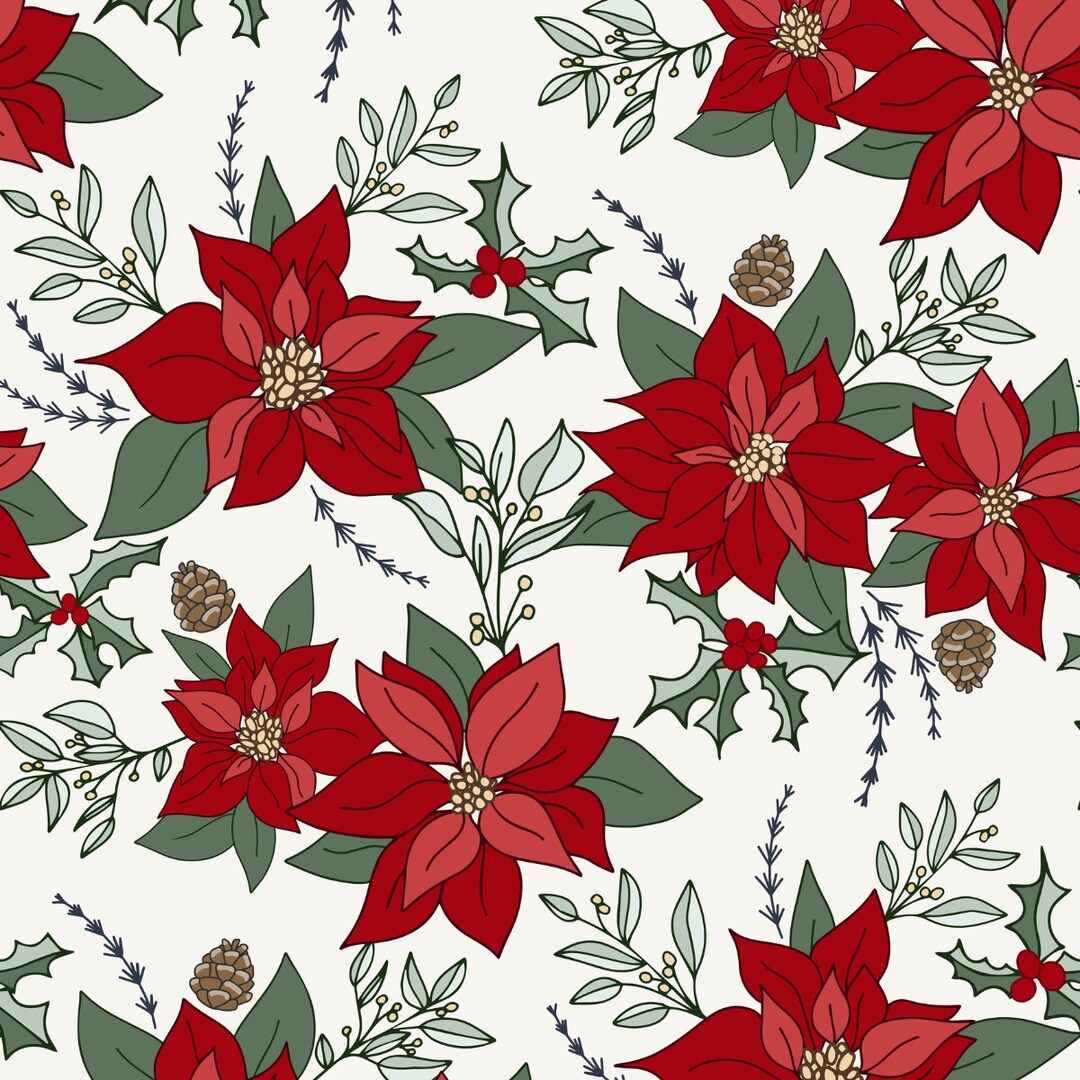 Christmas Poinsettia Fabric, Fabric by the Yard, Chistmas Floral Fabric ...