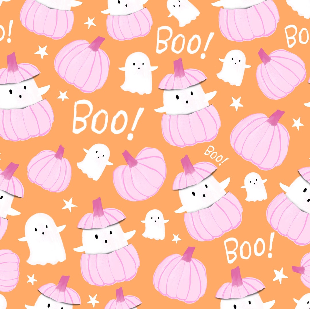 Ghost Pumpkin Fabric, Cute Halloween Fabric, Pink Orange Halloween ...