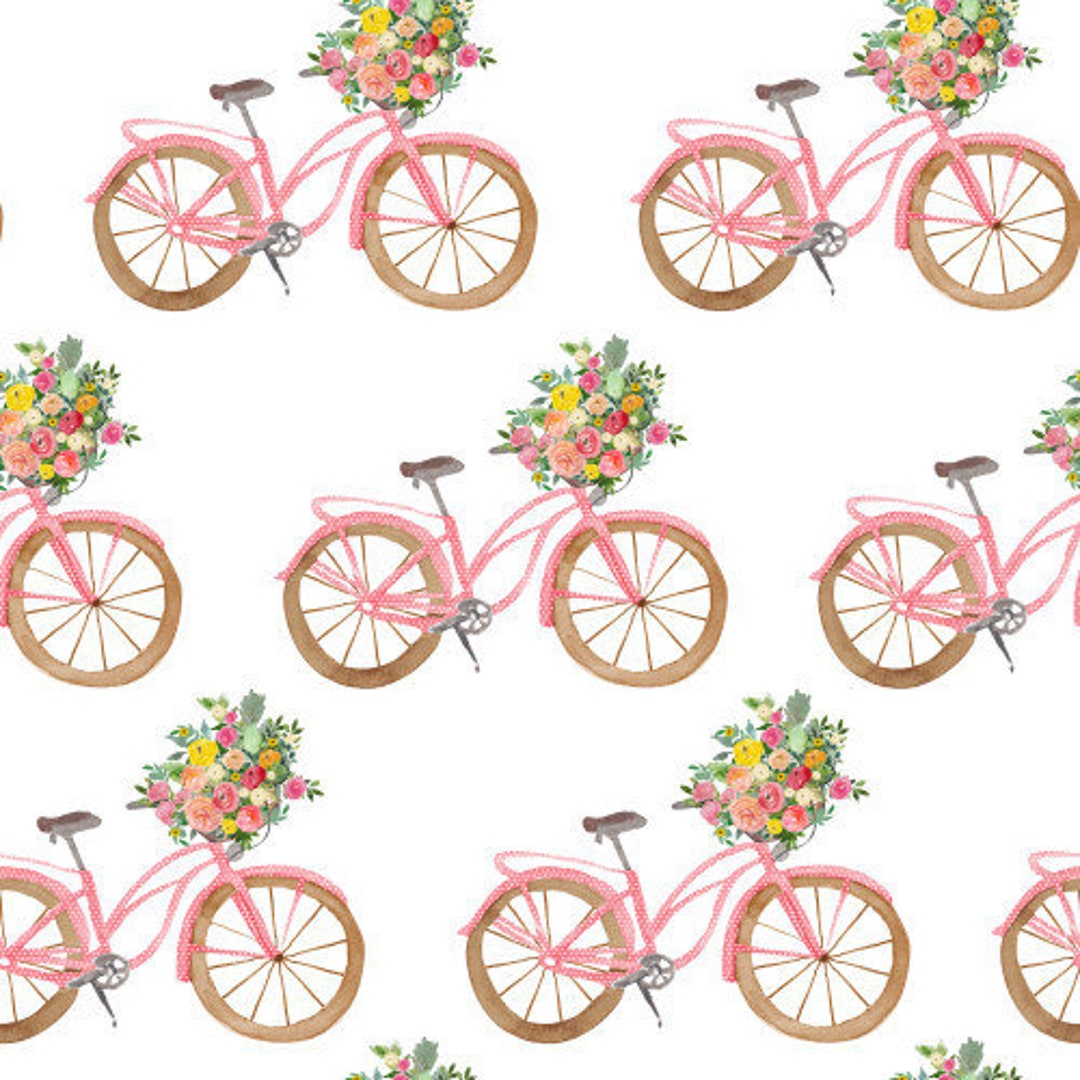 Floral Bike Fabric, Fabric by the Yard, Bicycle and Basket Fabric ...