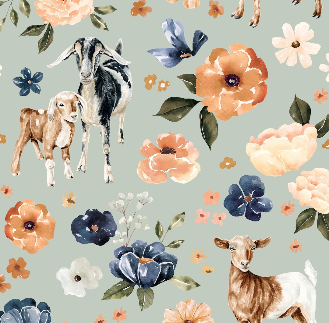 Mint Blue Goat Floral Fabric, Fabric by the Yard, Goats, Farm Animal ...