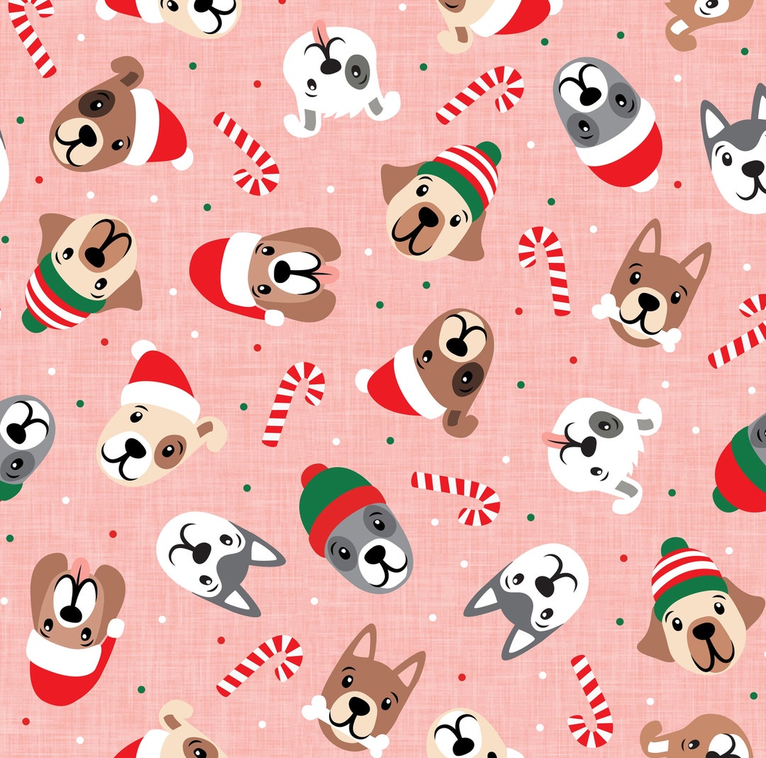 Pink Christmas Dogs Fabric, Christmas Puppy Fabric, Fabric by the Yard ...