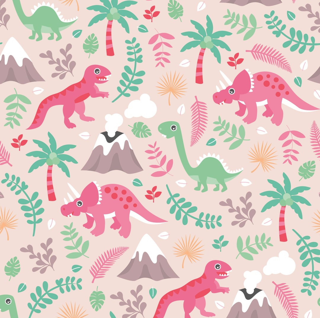 Pink Dinosaur Volcano Fabric, Botanical Dinos, Fabric by the Yard ...
