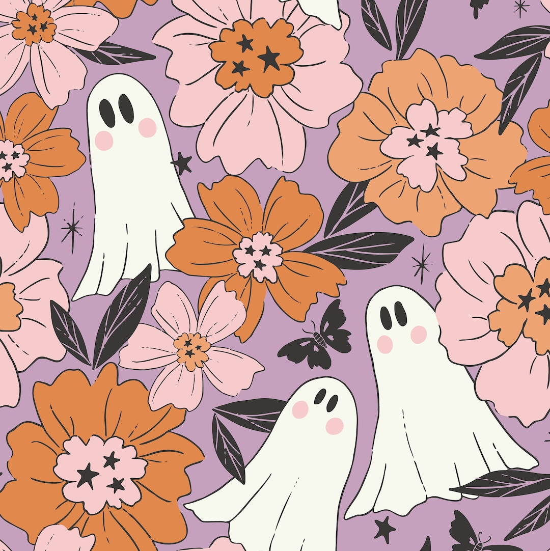 Purple Floral Ghost Fabric, Fabric by the Yard, Halloween Fabric ...
