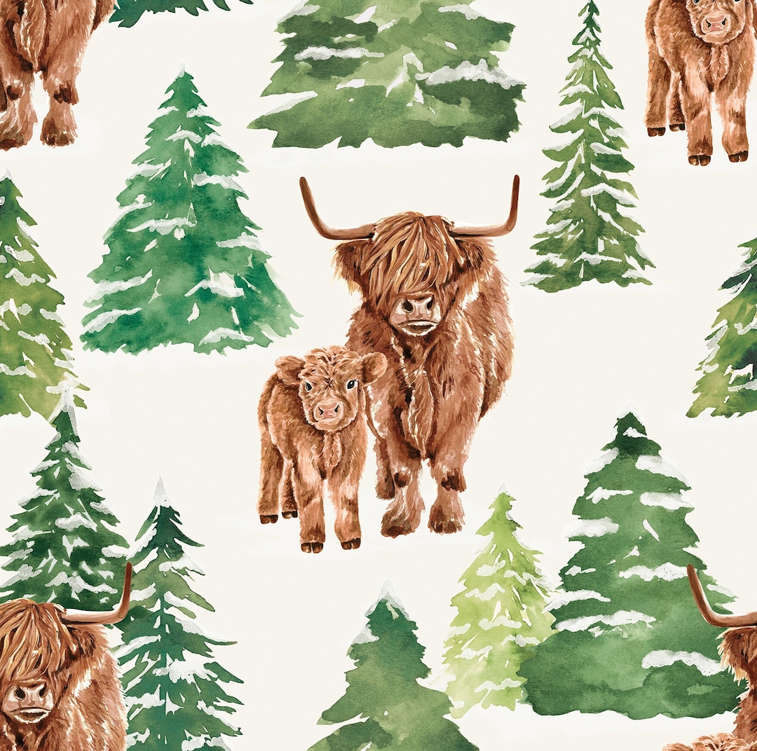 Forest Highland Cow With Calf Fabric, Fabric by the Yard, Cate and ...