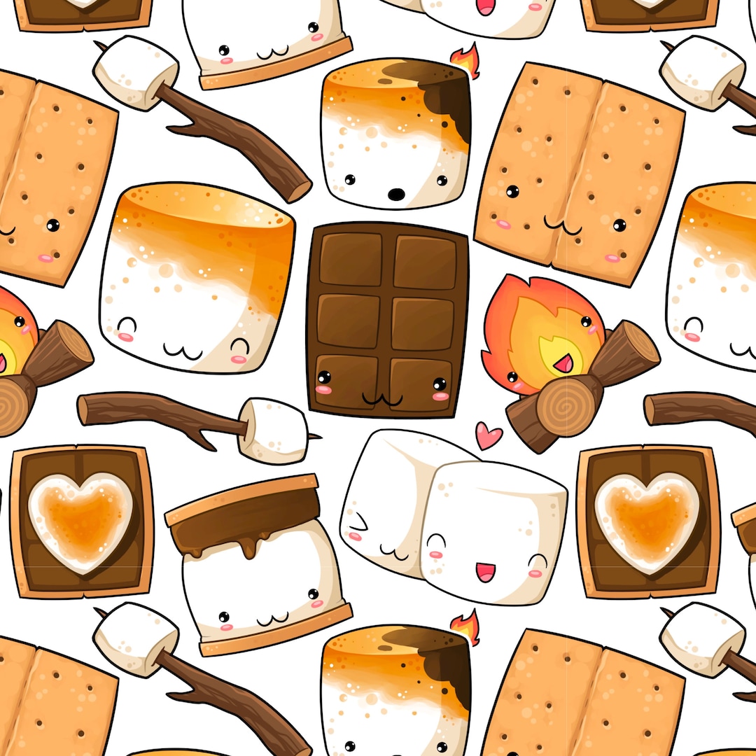 S'mores Fabric, Cute Face S'more and Campfire, Fabric by the Yard ...