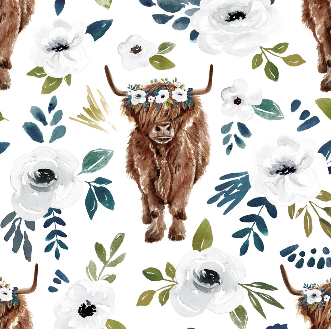 Highland Cow Floral Fabric Fabric by the Yard Cate and - Etsy