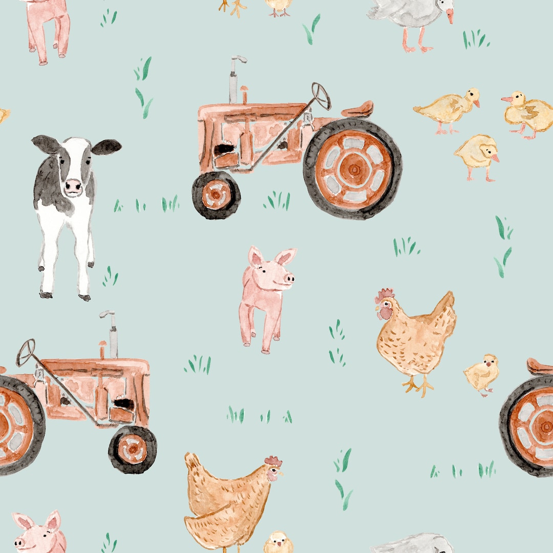 Blue Farm Animal Fabric, Fabric by the Yard, Barnyard Fabric, Tate Made ...