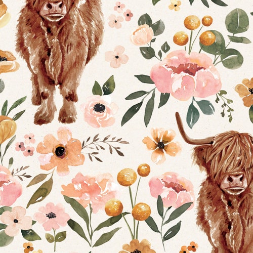 Floral Highland Cow Fabric Fabric by the Yard Cate and - Etsy