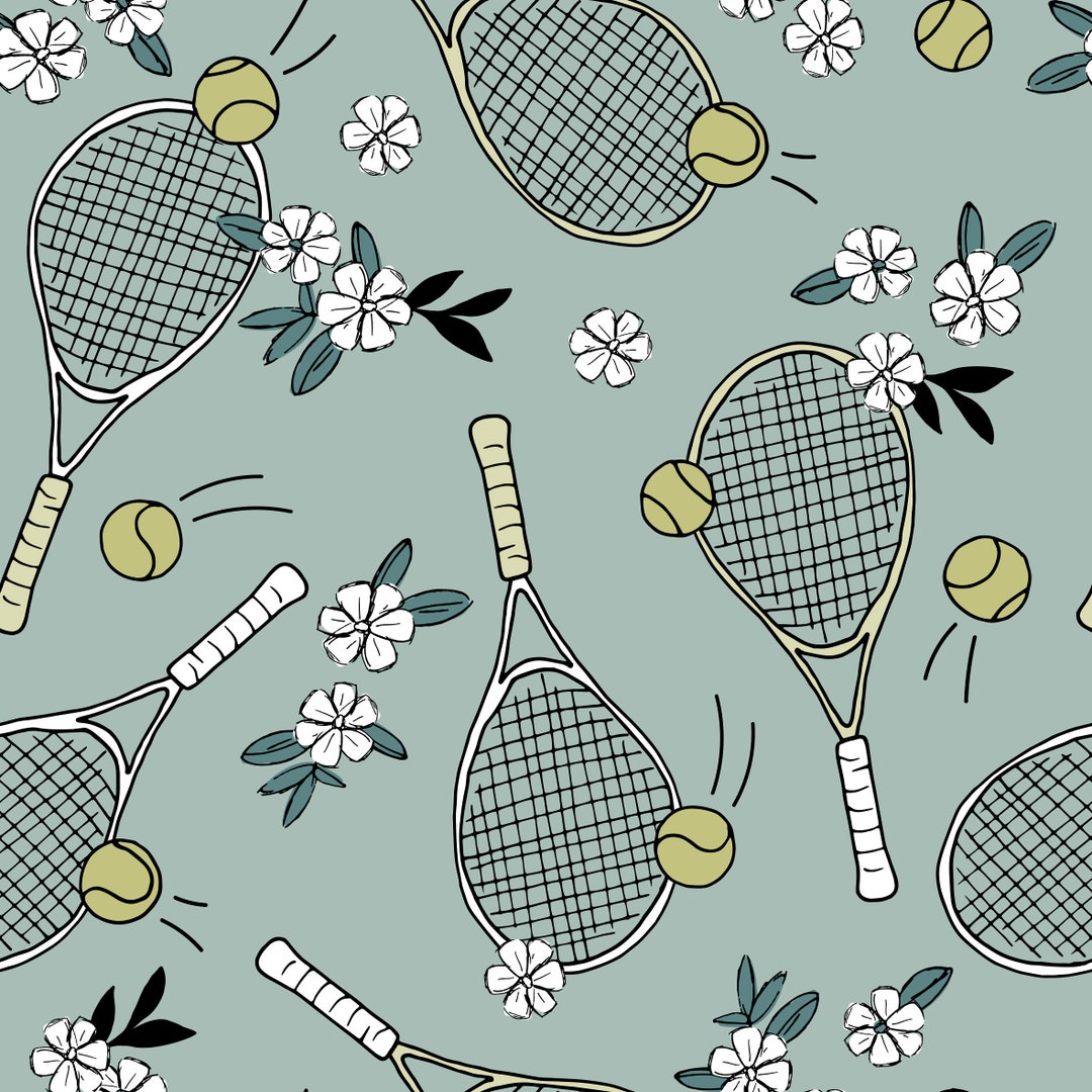 Green Tennis Racket Floral Fabric, Fabric by the Yard, Sports Fabric ...