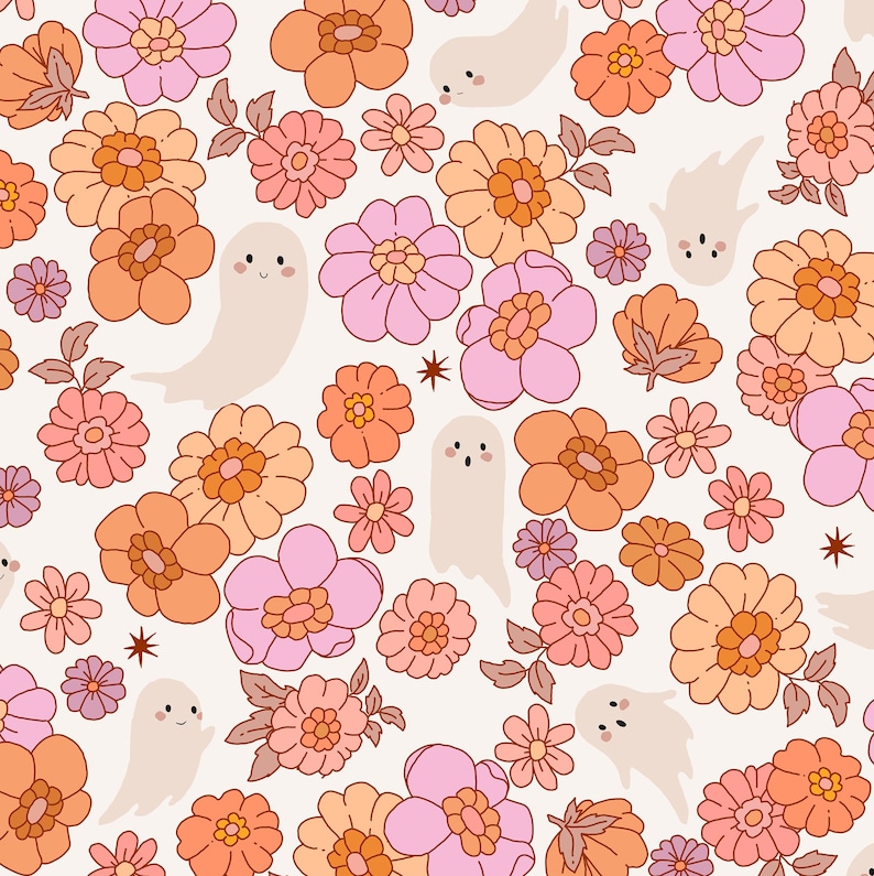 White Ghosts and Flowers Fabric, Fabric by the Yard, Halloween, Thread ...