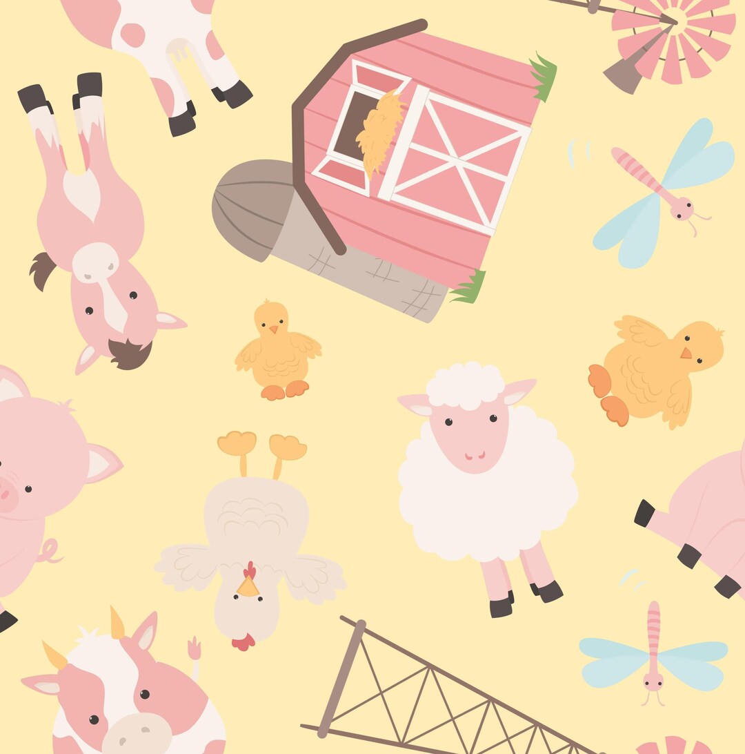 Yellow Farm Animal Fabric, Fabric by the Yard, Barn Fabric, Tori Egeler ...