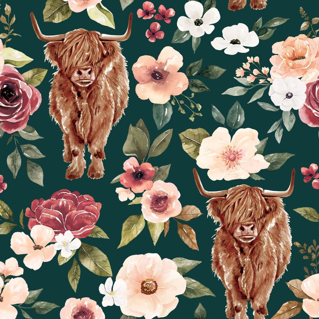 Felicity Highland Cow Floral Emerald Fabric, Fabric by the Yard, Cate ...