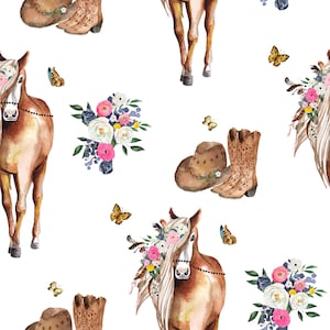 Floral Horse Cowgirl Fabric, Fabric by the Yard, Floral Cowgirl Boots ...
