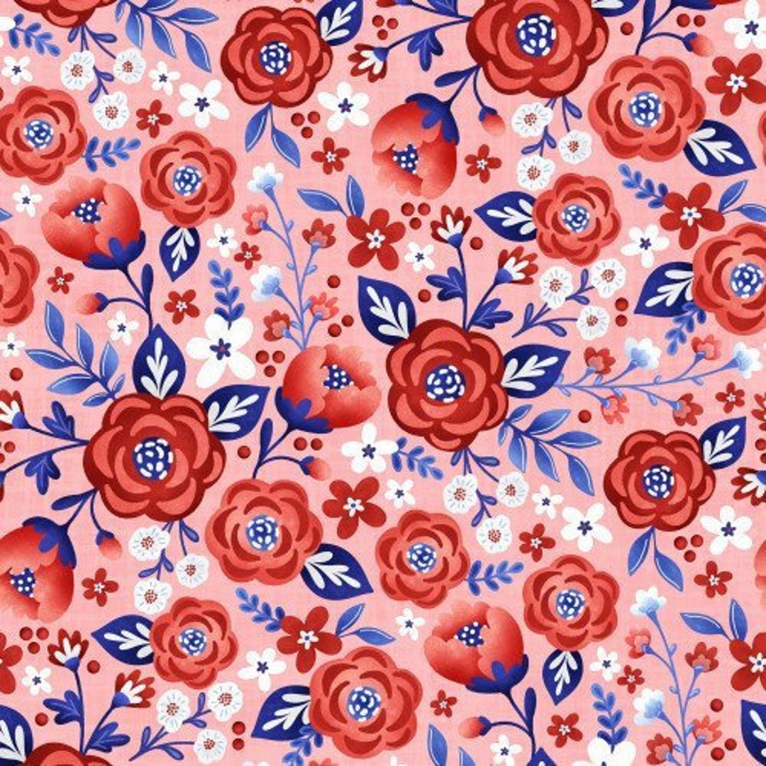 All American Pink Floral Fabric, 4th of July, Fabric by the Yard ...